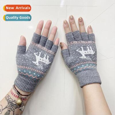 Fawn jacquard half finger winter warm women outdoor wring si