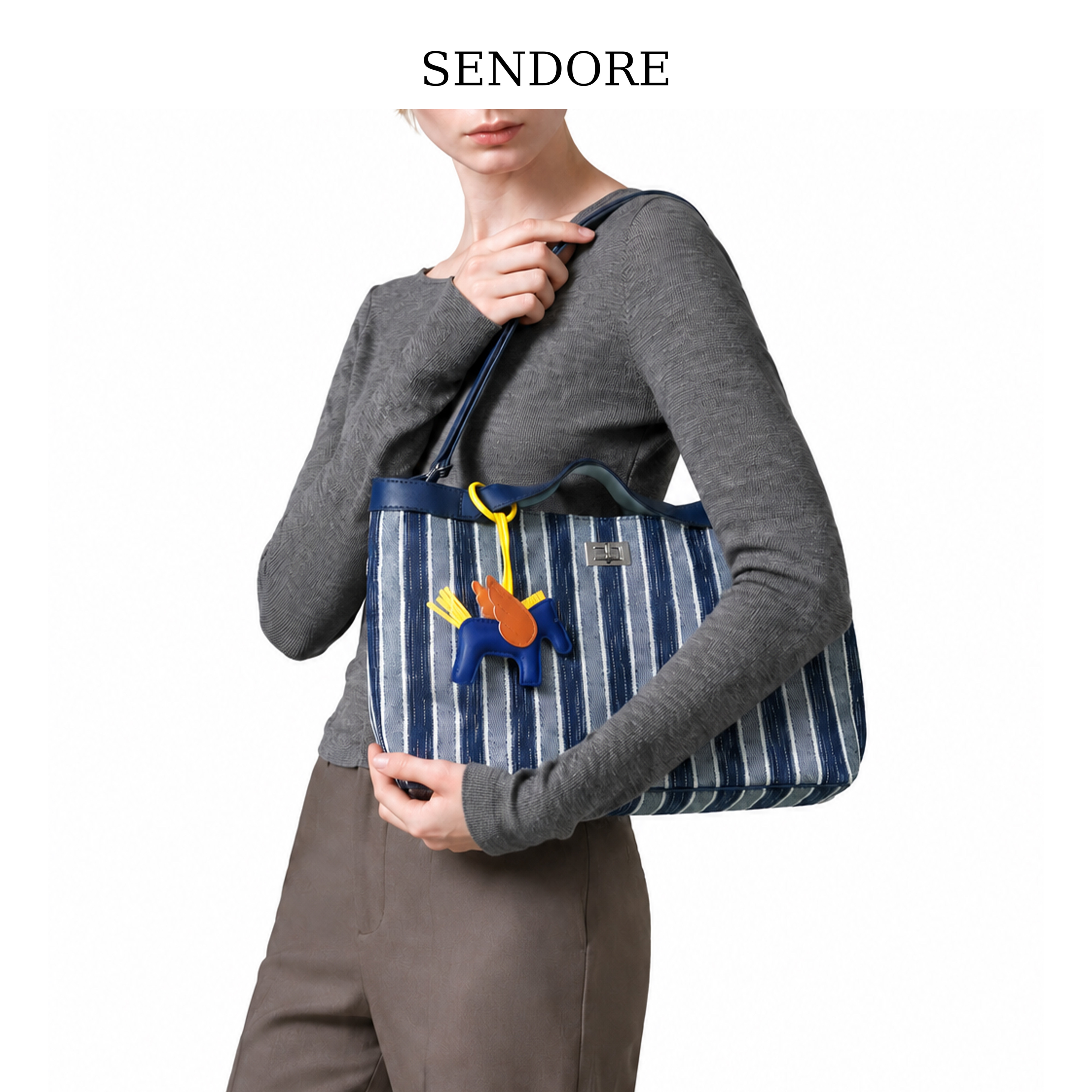 SENDORE 森岛/托特包 休闲风牛仔拼接帆布条纹四季手提包斜挎包