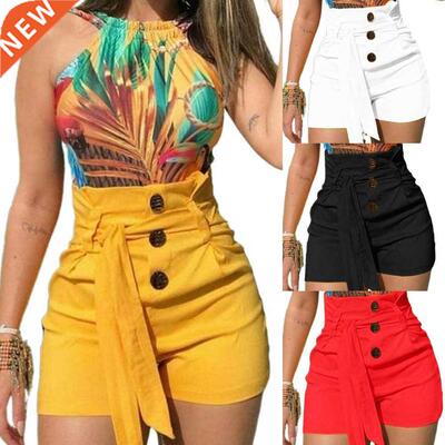 ONCE Women Shorts High Waist Buttons Sashes Elegant Zipper L
