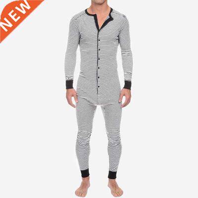 Men's Striped Pajamas O-Neck Long Sleeve Romper Home Wea