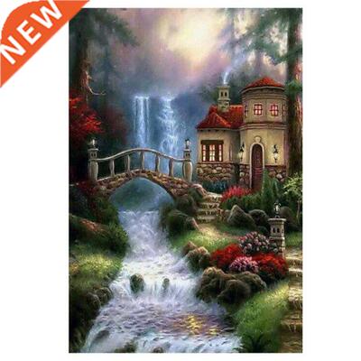 DIY Landscape House Bridge Flowing Water Full Diamond Round