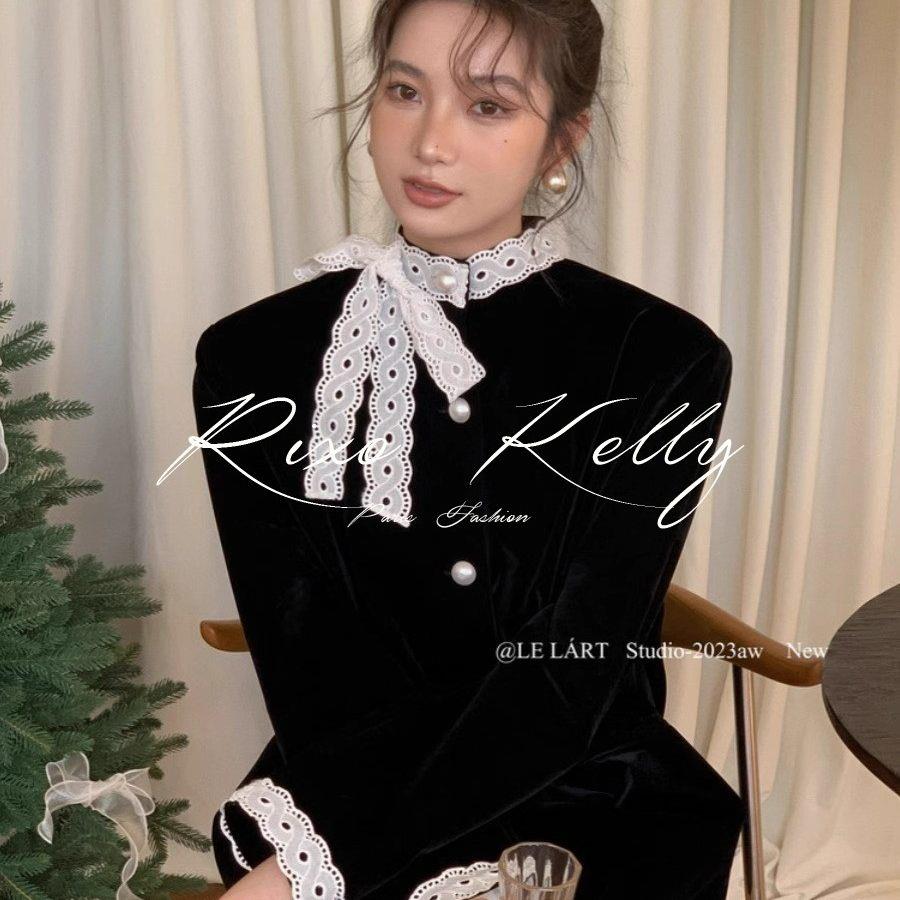 RIXO STREET法式赫本小香蕾丝蝴蝶结丝绒连衣裙小个子加厚短裙女