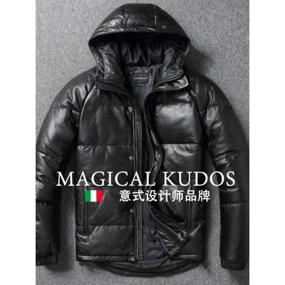 MAGICAL KUDOS头层牛皮羽绒服真皮皮衣男士连帽冬季加厚保暖外套