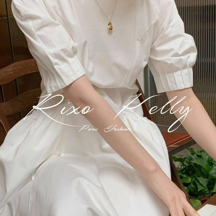 RIXO STREET法式春泡泡袖连衣裙小个子穿搭收腰口袋优雅中长裙女