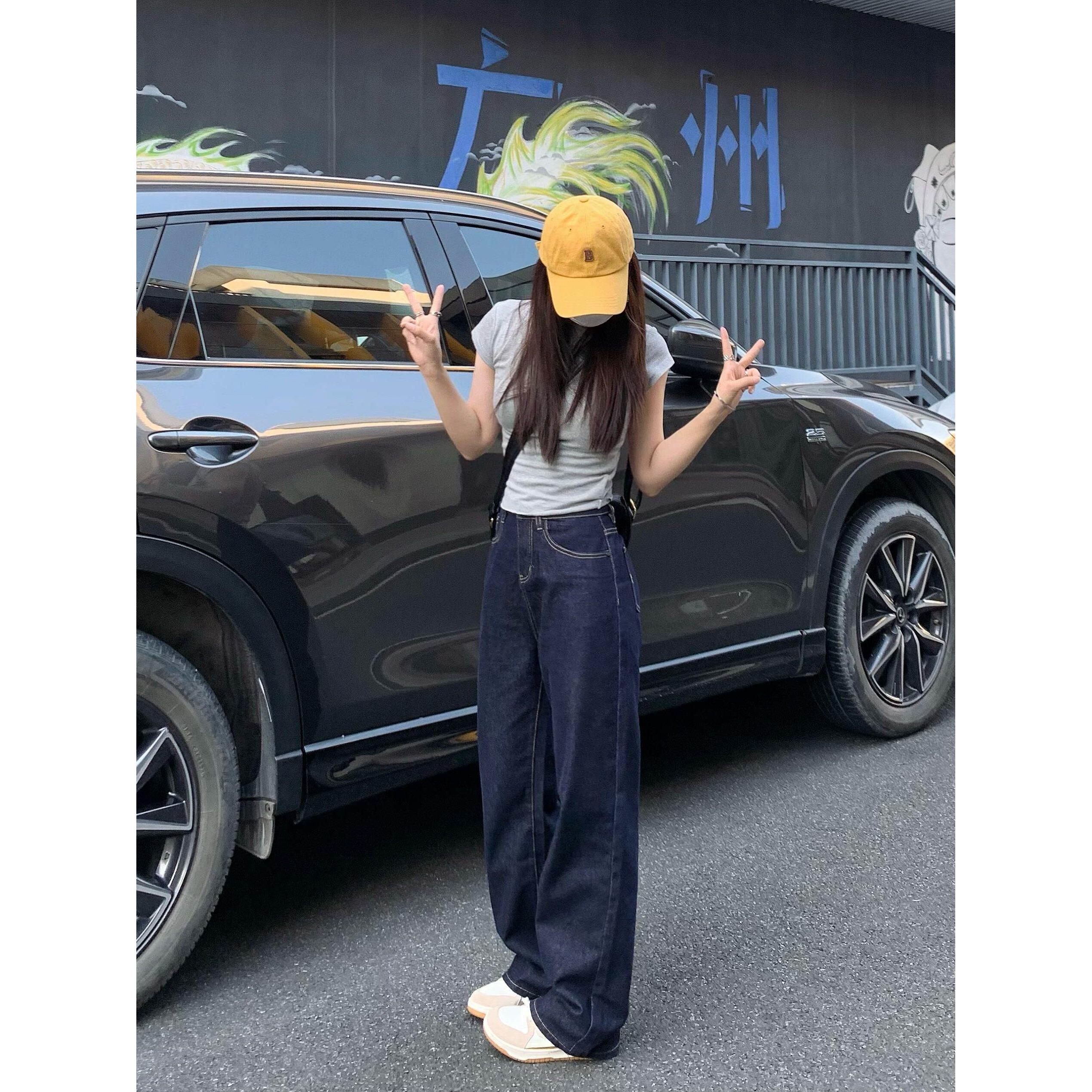 LILY MOST深蓝色直筒牛仔裤女2026春新款高腰宽松显瘦窄版阔腿裤