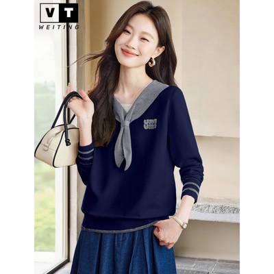 WEI TING假两件海军领拼接针织衫女短款秋装新款宽松百搭打底上衣