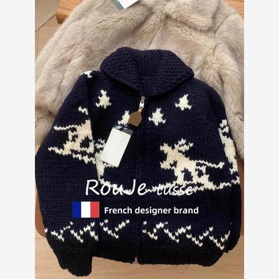 Rouje Tusse覆古海军蓝翻领羊绒毛衣夹克妇女的春天新羊毛针织开