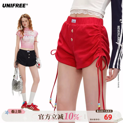 UNIFREE安可拉红休闲短裤新款设计感抽绳褶皱甜辣风百搭包臀热裤