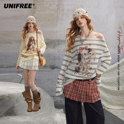 UNIFREE斜肩条纹长袖T恤