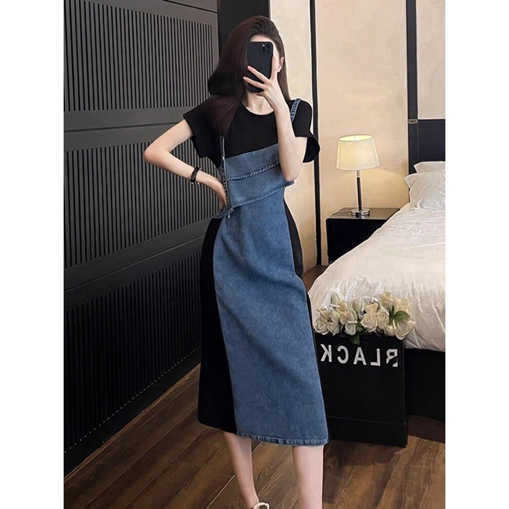SUPDORX休闲运动牛仔拼接连衣裙女夏薄款炸街减龄洋气假两件t恤裙