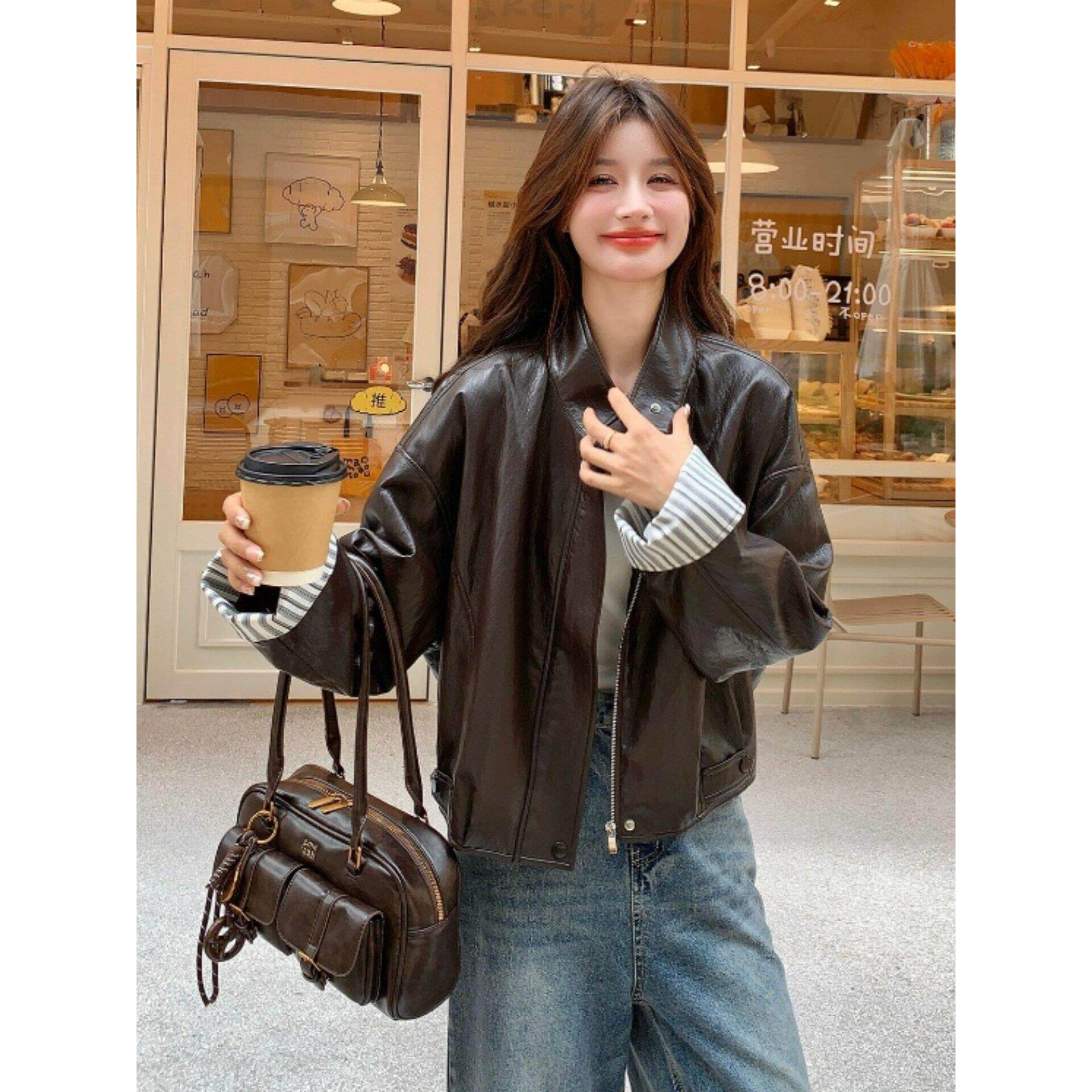 美拉德咖色真皮皮衣外套女2025年秋季新款宽松显瘦机车服羊皮夹克