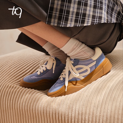 Talitaqoom焦糖德训鞋2025秋季新款复古灯芯绒刺绣厚底休闲tq板鞋