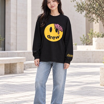drew笑脸纯棉长袖T恤衫上衣ins情侣百搭潮牌男女同款高街宽松圆领