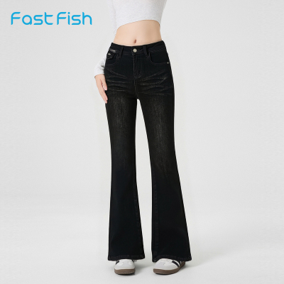快鱼微胖高腰牛仔裤女款26年春新款复古黑色微喇高弹修身显瘦长裤