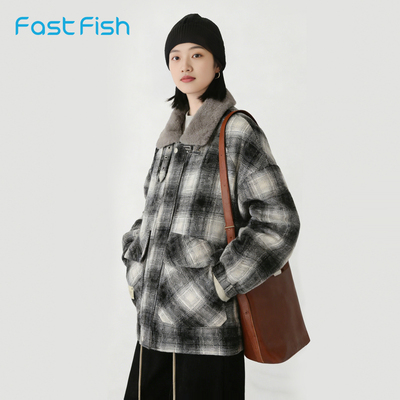 快鱼男士夹克加厚翻领美式复古休闲加绒保暖舒适百搭格子外套男装