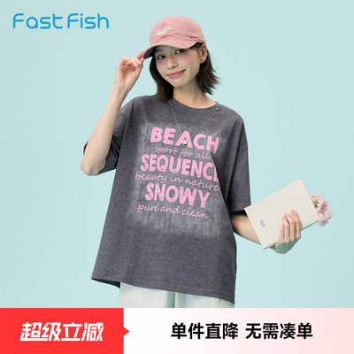 快鱼美式字母短袖t恤女2026新款棉做旧流行街潮宽松女生夏季上衣