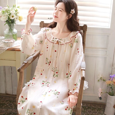 【富朵】自带胸垫春夏纯棉纱布产后哺乳睡裙薄款怀孕期孕妇待产裙
