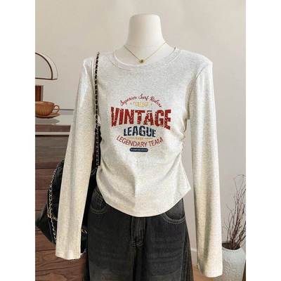 韩国Honey koko⭐设计感正肩纯棉长袖t恤女收腰褶皱打底衫春秋季