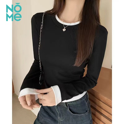 黑色圆领正肩假两件长袖T恤女
