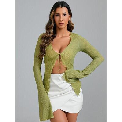 S 59647 Sexy Ribbed Tie Front Crop Top 辣妹开衫