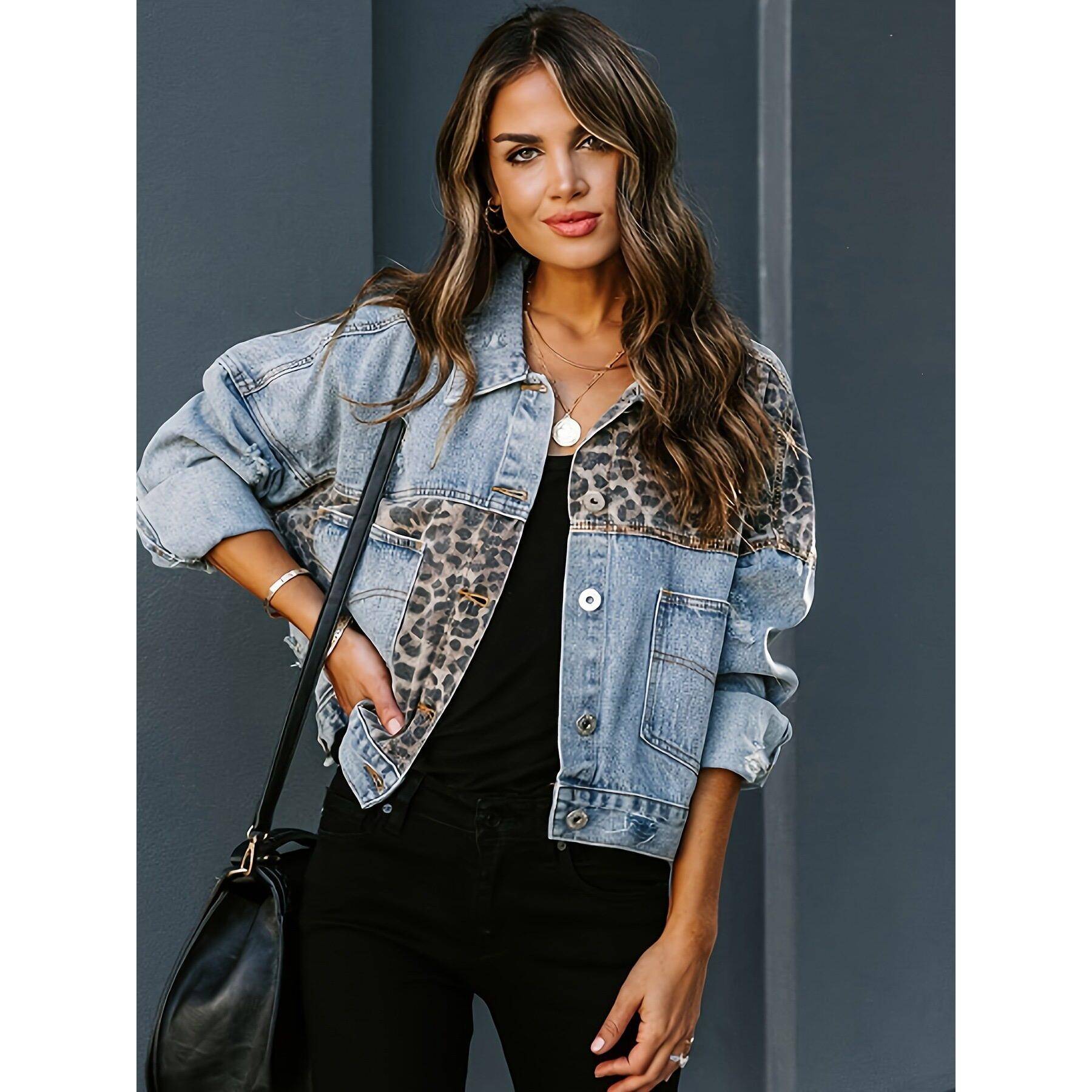 B 49112 Women's Denim Jacket with Leopard Print 牛仔外套 豹