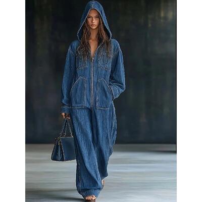 H 34120 Hooded Denim Overalls 连帽连体牛仔裤