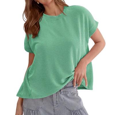 H 90705 Knitted Ribbed Loose Fit Round Neck Short Sleeve-S