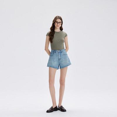 Spring Summer Washed Blue Elastic Ripped Shorts Women Street