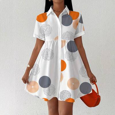 Over Print Shirt Dress Casual Sleeve Collared Summer Women