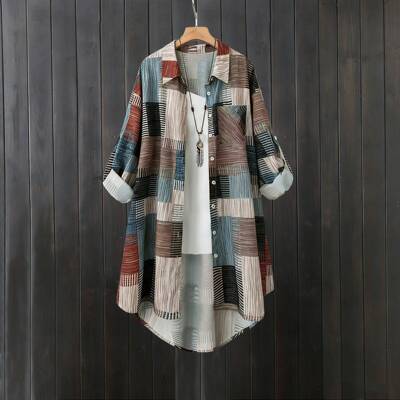 Women Boho Colorblock Geometric Sleeve Shirt Blouses