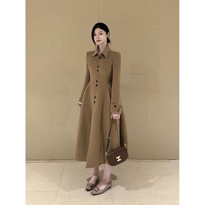 暖棕软语法式复古赫本风毛呢大衣新款小众气质中长款显瘦长裙女冬