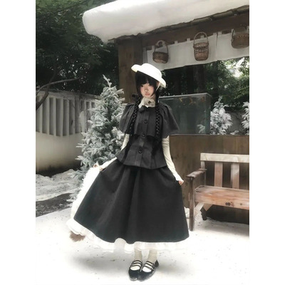 蝴蝶结斗篷+内搭+半裙三件套