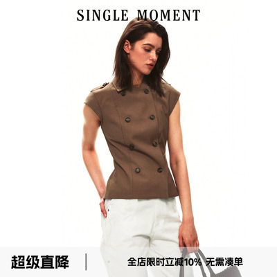 SINGLE MOMENT 26SS夏季法式双排扣翻领收腰短袖修身背心上衣女