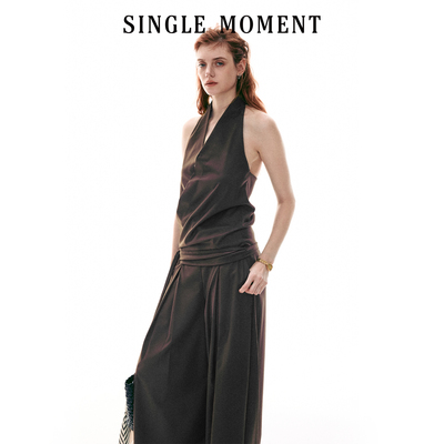 SINGLE MOMENT 26SS法式挂脖露背无袖上衣吊带背心风琴褶西裤套装