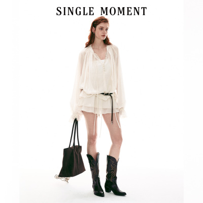 SINGLE MOMENT 26SS法式通勤宽松休闲圆领密扣罩衫上衣裙裤套装