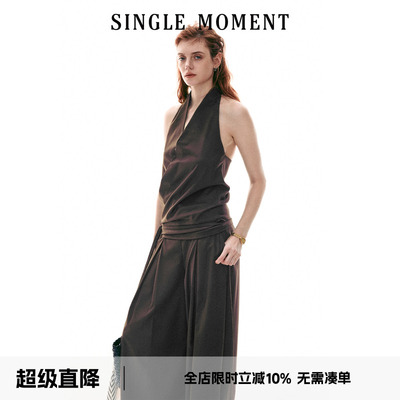 SINGLE MOMENT 26SS法式挂脖露背无袖上衣吊带背心风琴褶西裤套装