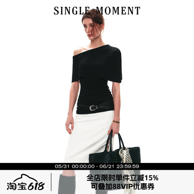 SINGLE MOMENT 26SS夏季法式斗篷式假两件斜肩针织t恤短袖上衣女