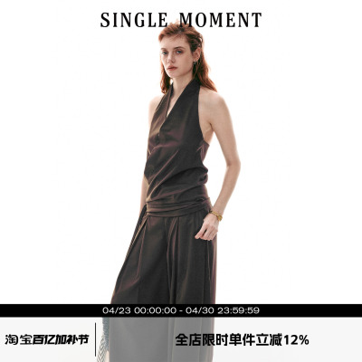 SINGLE MOMENT 26SS法式挂脖露背无袖上衣吊带背心风琴褶西裤套装