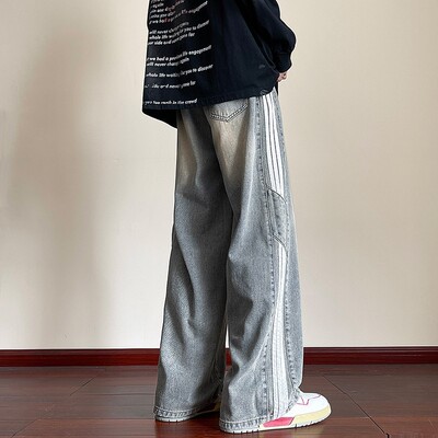 美式复古黄泥色牛仔裤夏季设计感拼接三条杠裤高街直筒宽松阔腿裤