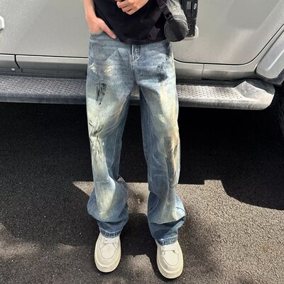 潮牌春季潮流扎染阔腿牛仔裤男2026新款美式复古宽松直筒长裤