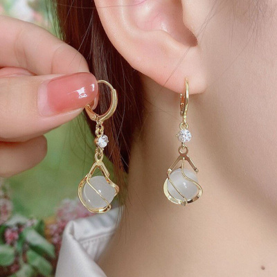 Rhinestone Earrings Asymmetric Hollow Opal Tassel Long