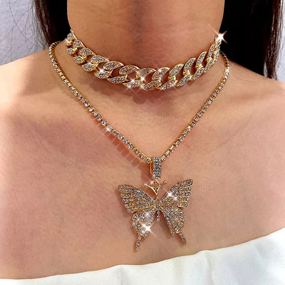 2023 Punk Cuban Double Layer Big Butterfly Pendant Necklace