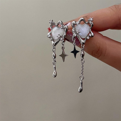 Liquid Metal Irregular Heart Moonstone Tassel Earrings 2023