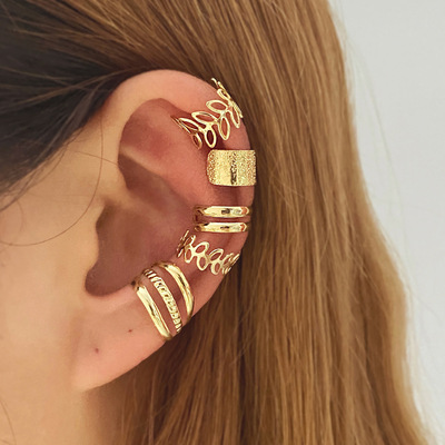 12PC Creative Gold Color Leaves Clip Earrings for Women Men