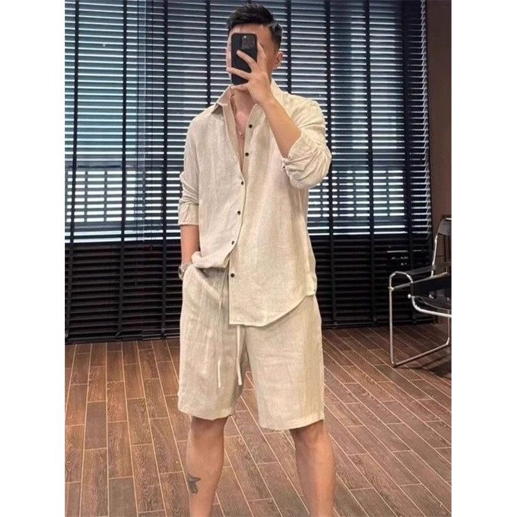 韩国CHIPOTLE薄款亚麻长袖休闲套装男士夏时尚百搭衬衫短裤两件套