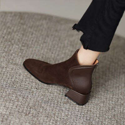 【意大利】Rene Vanvilla高颜又显瘦⭐粗跟4.5cm 真皮拼接小短靴