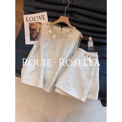 法国Rouje Rosella⭐法式小香风钉珠气质名媛无袖圆领上衣短裤