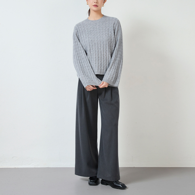 81HOURS 秋冬新款圆领长袖100%羊绒衫女宽松绞花纹理针织衫灰色女