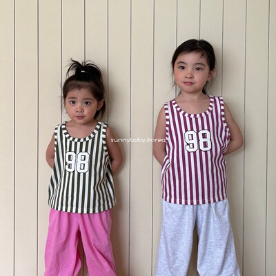 PEPPER韩国进口童装代购26夏女小童棉软百搭数字条纹无袖背心T恤