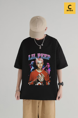 Lil Peep利尔皮普歌手美式宽松小领口摇滚纯棉嘻哈潮流男短袖T恤